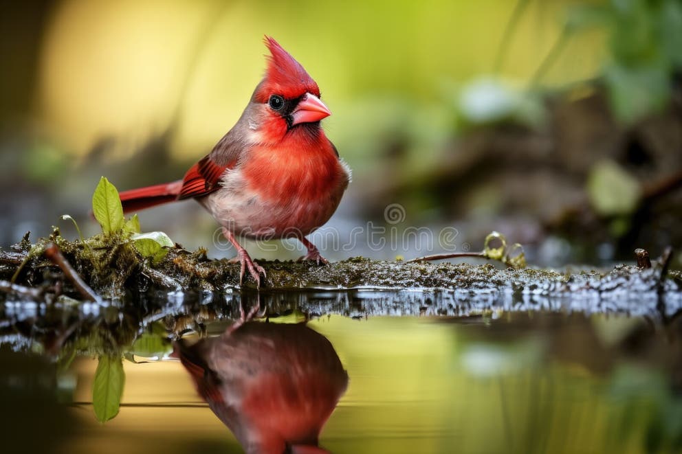 A Cardinal Peering at Its Reflection in a Clear Pond Stock Photo ...