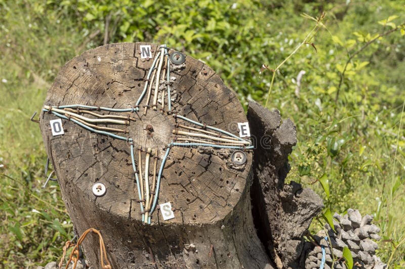 Cardinal Points Indicator Made by Hand on the Trunk of a Cut Tree Stock ...