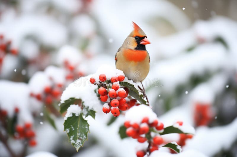 Cardinal on a Snow-laden Holly Bush Stock Image - Image of winter, bush ...
