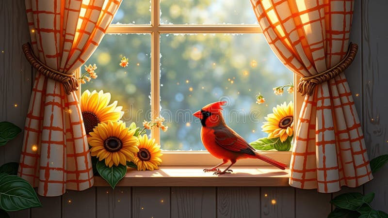 Cardinal on Window Sill with Sunflowers: Nature Scene through Sunlit ...