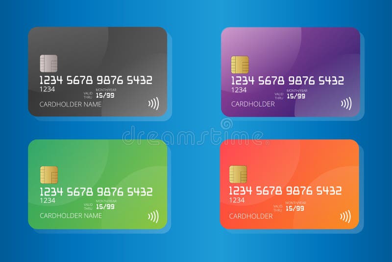 Set of Four Realistic Bank Cards in Black, Purple, Green and Orange ...