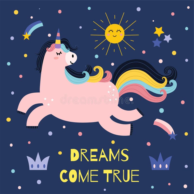 Dreams Come True Print for Kids with a Cute Unicorn. Poster with a ...