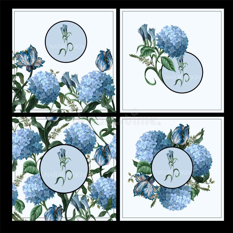 Cards with Blue Hydrangeas and Other Flowers Isolated. Vector Stock ...