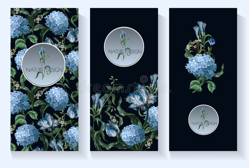 Cards with Blue Hydrangeas and Other Flowers Isolated. Vector Stock ...