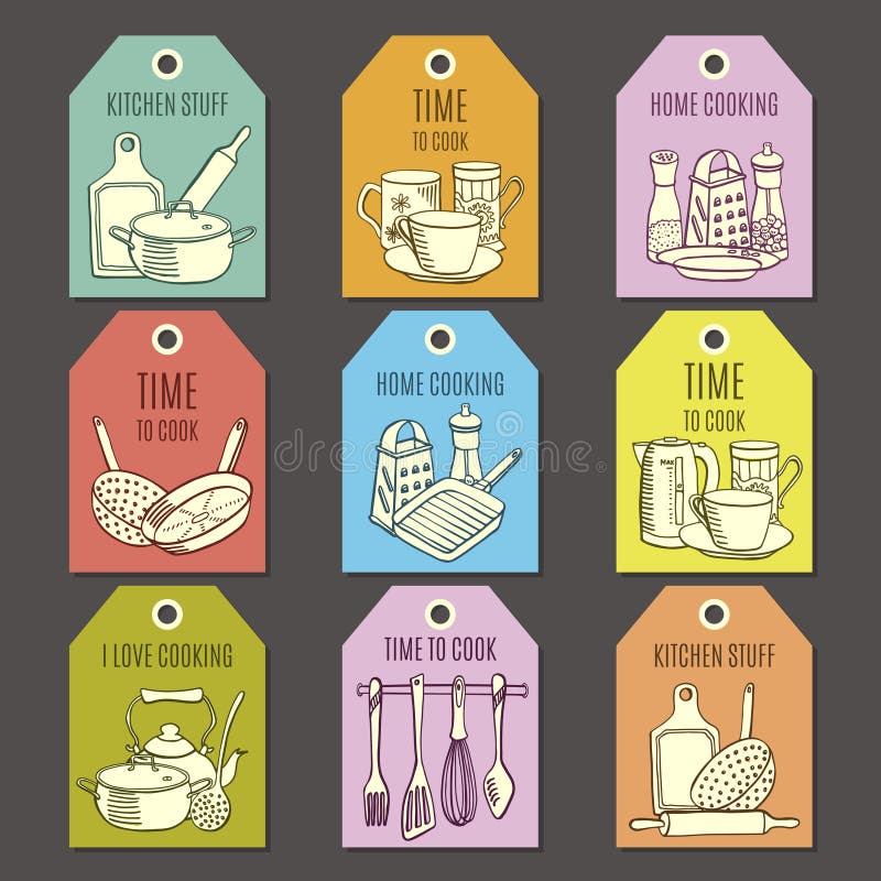 Cards with kitchen ware. stock vector. Illustration of label - 102076395
