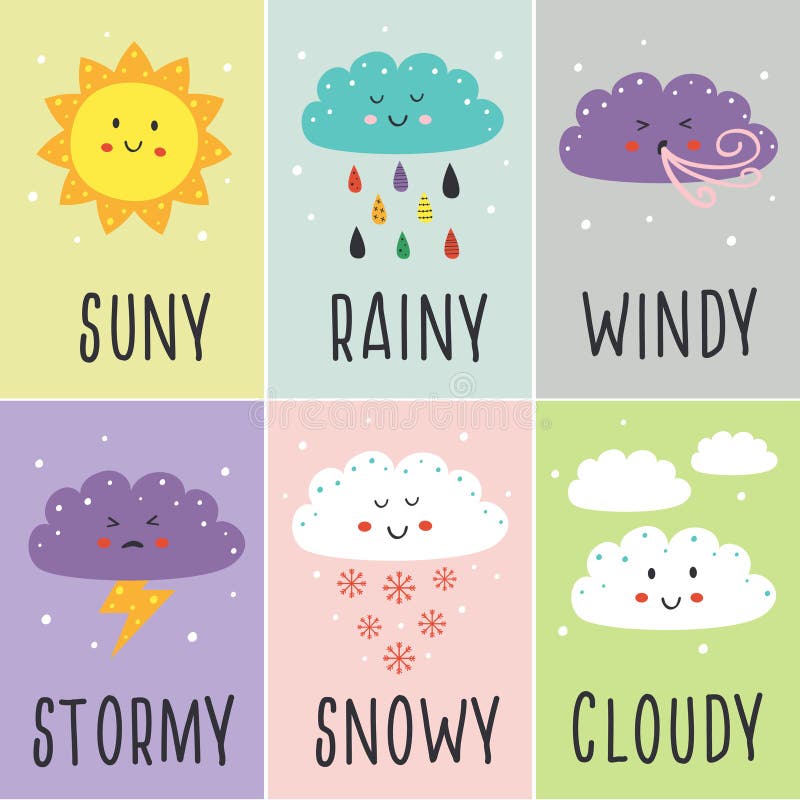 Set of Cards with Cute Baby Weather Stock Vector - Illustration of ...