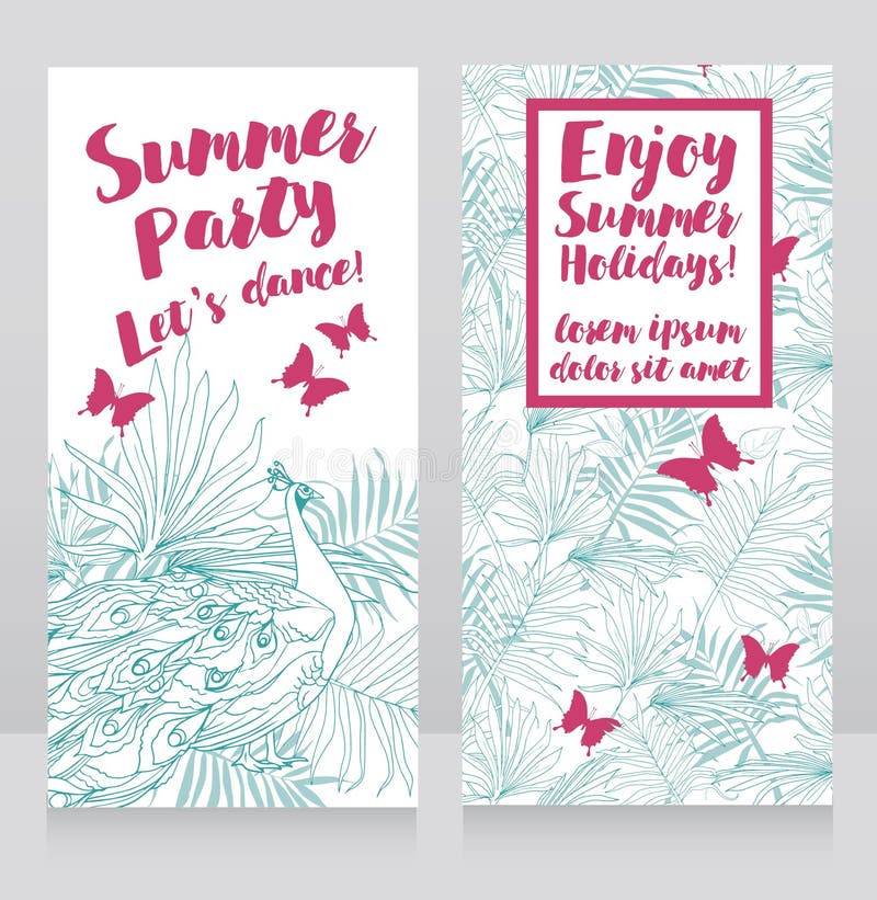 Cards for Summer Party with Tropical Decor and Peacock Stock Vector ...