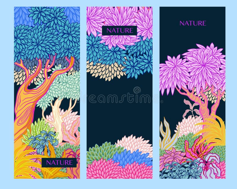Cards with Vivid Stylized Trees and Plants in Graphic Style. Vector ...