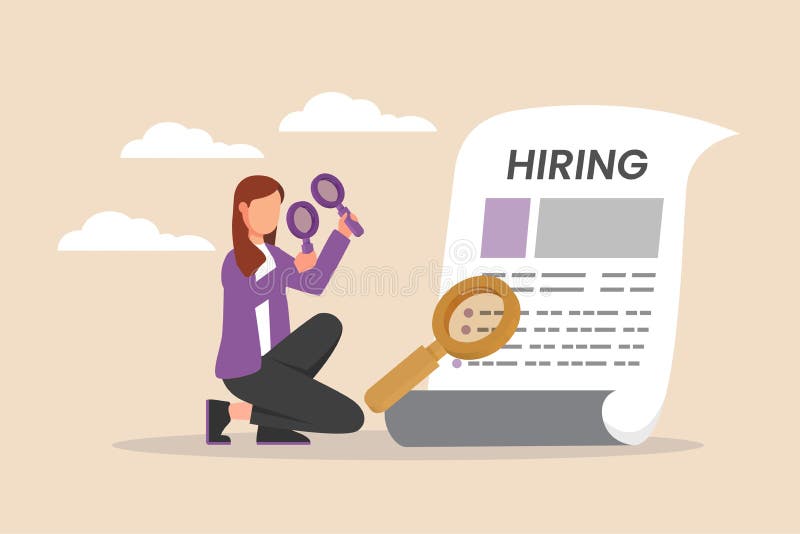 Career Woman Using Magnifying Glass In Both Hands Searching On Hiring