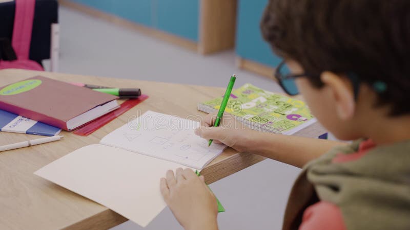 Careful Boy Drawing in Geometry Lesson with Ruler and Pencil ...