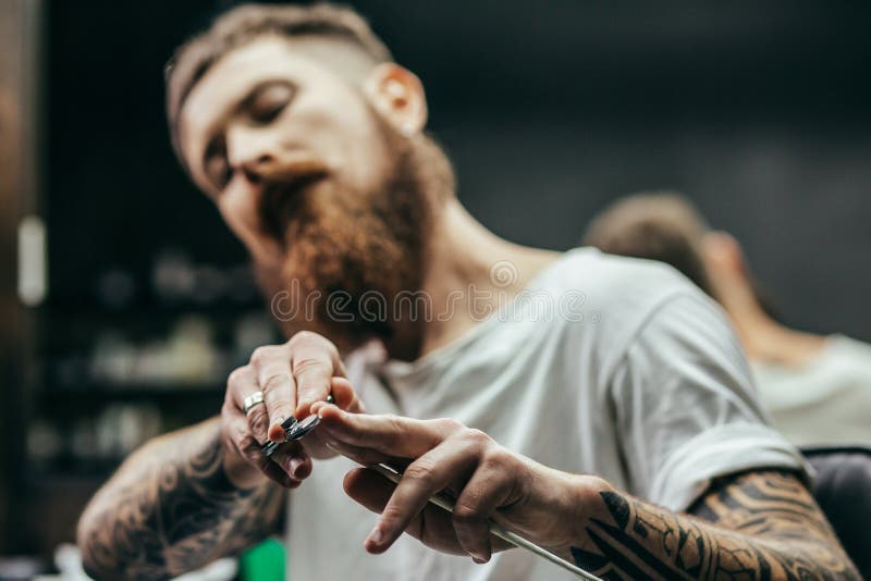 Selective Focus of Sharp Scissors in Hands of Barber Stock Photo ...