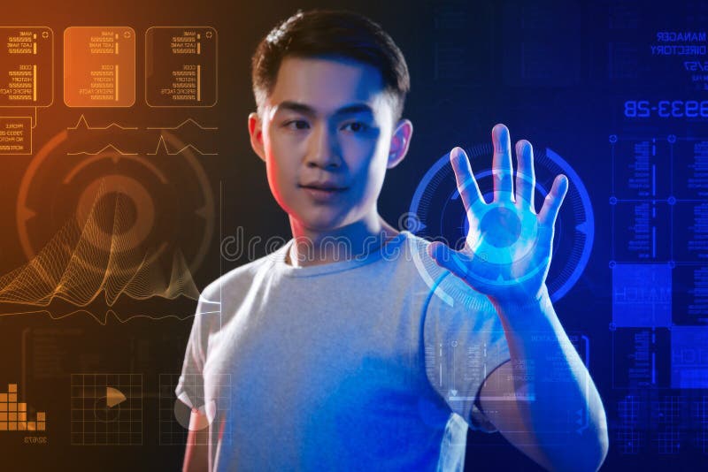 Smiling Programmer Looking Happy while Touching Visual Elements on the ... Smiling Programmer Looking Happy while Touching Visual Elements on the ...