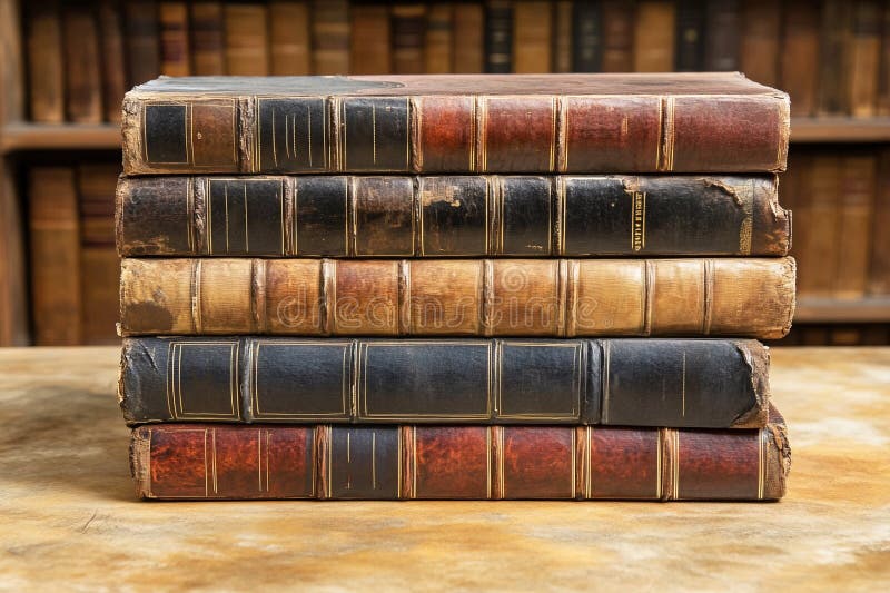 Collection Antique Books Stacked Rustic Table Cozy Library Setting ...