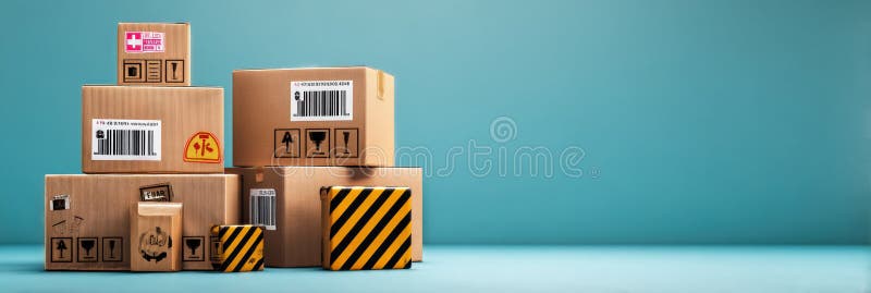 Stack of Labeled Boxes with Barcodes and Fragile Stickers Arranged ...