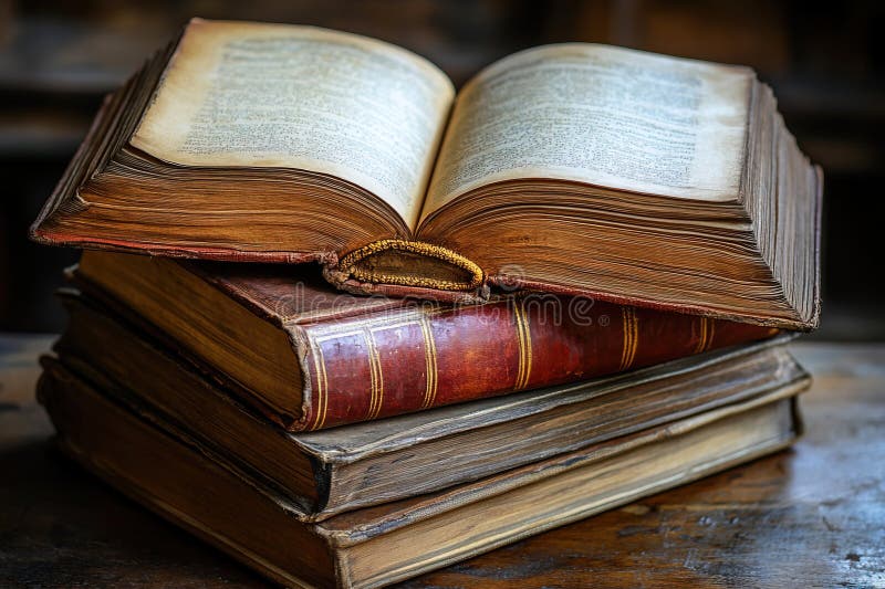 Antique Stack of Four Books with One Open on Top Resting on a Floral ...