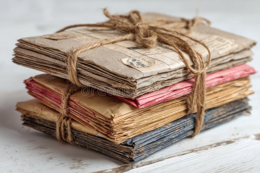 Rustic Stack of Tied Mail Parcels Showcasing Vintage Papers and Unique ...