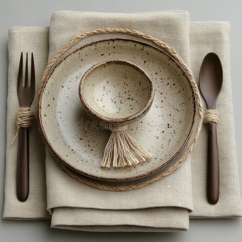 Elegant Table Setting with Earthy Toned Dinnerware on a Textured Linen ...
