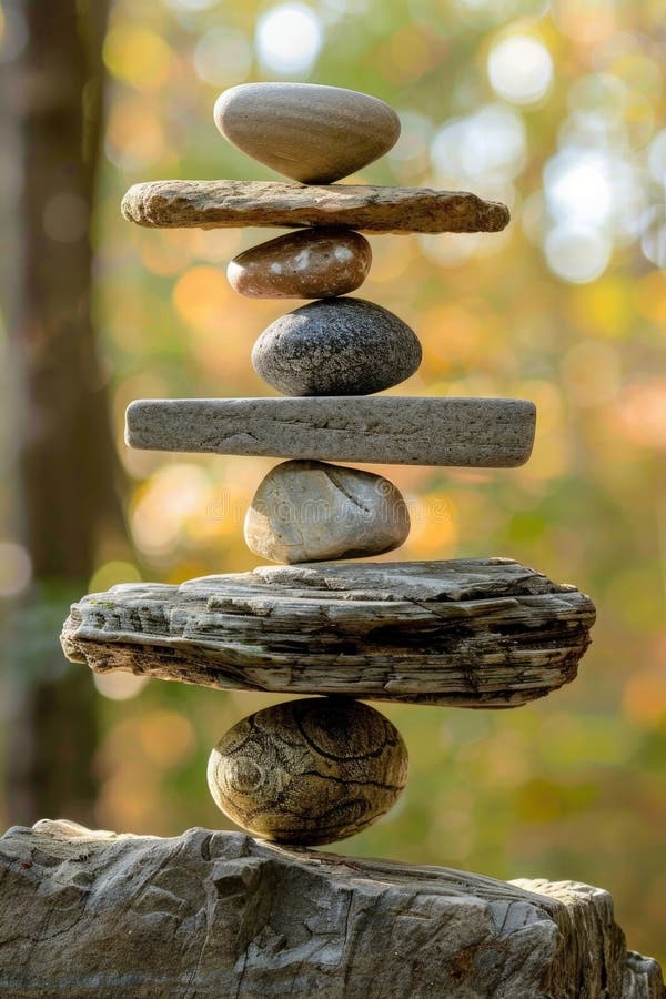 A Carefully Balanced Stack of Natural Stones on a Log with a Blurred ...