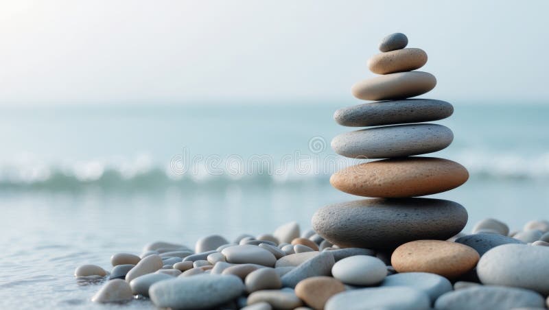 A Carefully Balanced Stack of Smooth Stones beside the Ocean Stock ...