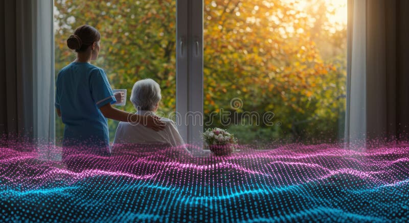 A Caregiver Assisting an Elderly Person Near a Window with a View of ...