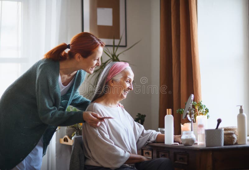 Caregiver Helping Her Client with a Make Up. Stock Image - Image of ...