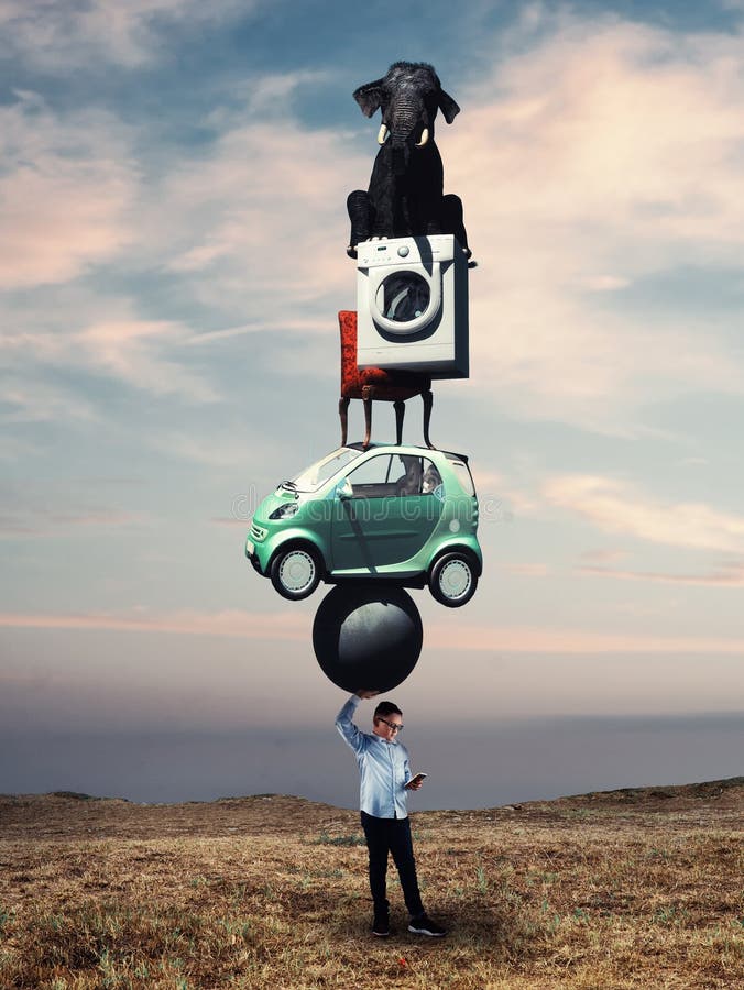 Careless Concept. Kid Holding Multiple Objects in One Hand Stock Image ...