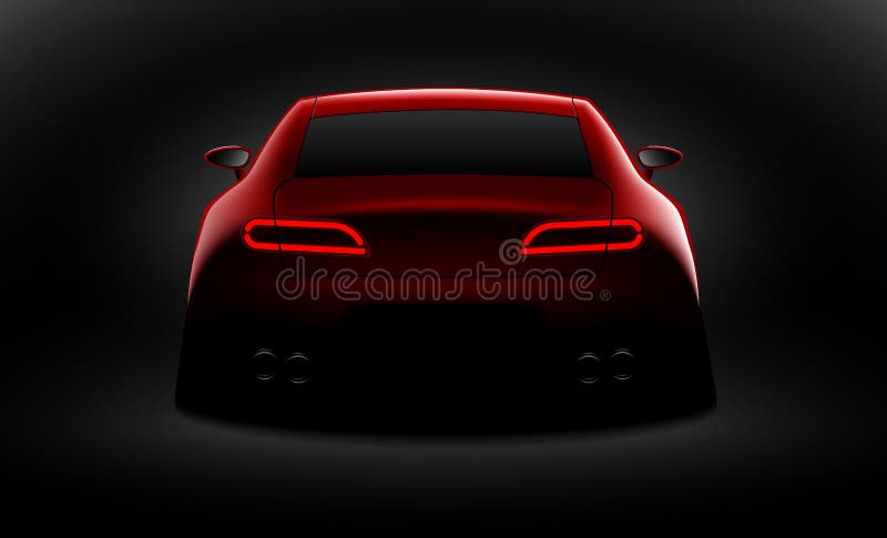 Realistic Red Sport Car Back View with on Rear Lights in the Dark Stock ...