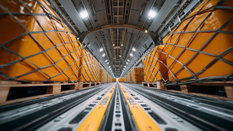 Cargo Aircraft Interior with Pallets on Loading Rails. Freight ...