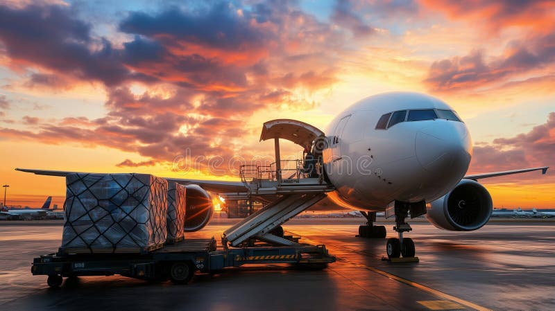 Cargo Airplane Loading Sunset Dramatic Sky Freight Containers Stock ...