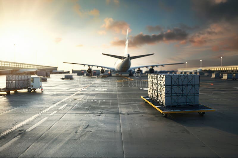 A Cargo Airplane is Parked on the Runway at Sunset while Loading and ...