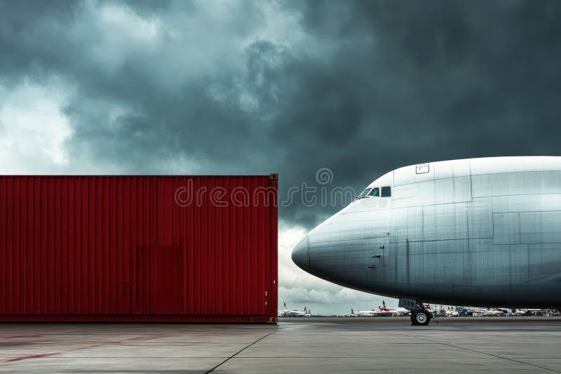 Cargo Airplane with Red Container Under Cloudy Sky Stock Illustration ...