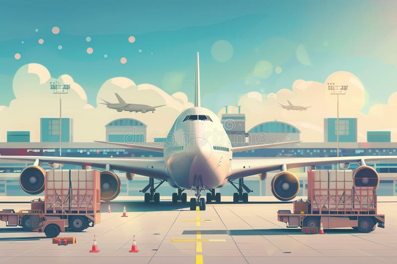 A Cargo Airplane Sits on the Runway Surrounded by Loading and Unloading ...