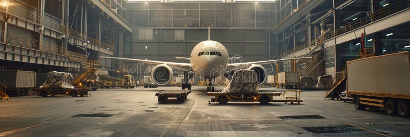 A Cargo Airplane Sits on the Runway, Surrounded by Various Loading and ...