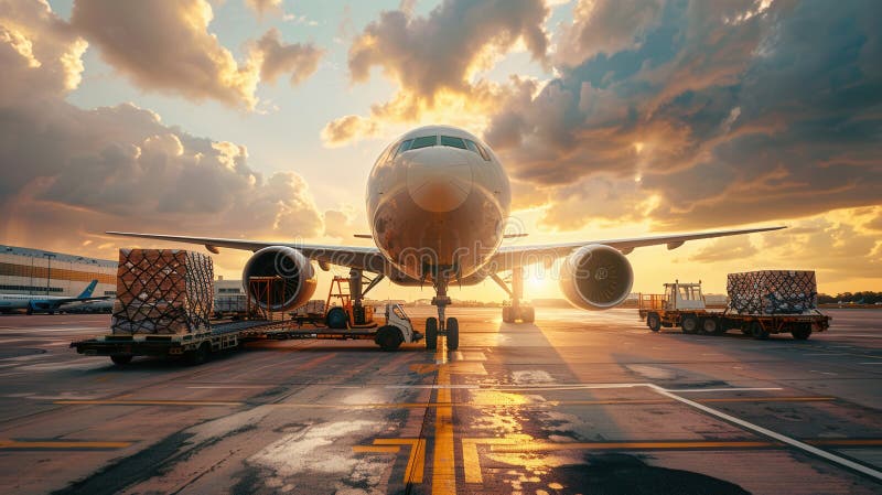 A Cargo Airplane Stands on the Runway at Sunset, Surrounded by ...