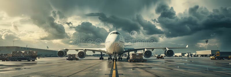 A Cargo Airplane Stands on the Runway, Surrounded by Loading Equipment ...