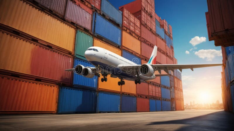 Cargo Airplane Taking Off from Storage Area with Colorful Shipping ...