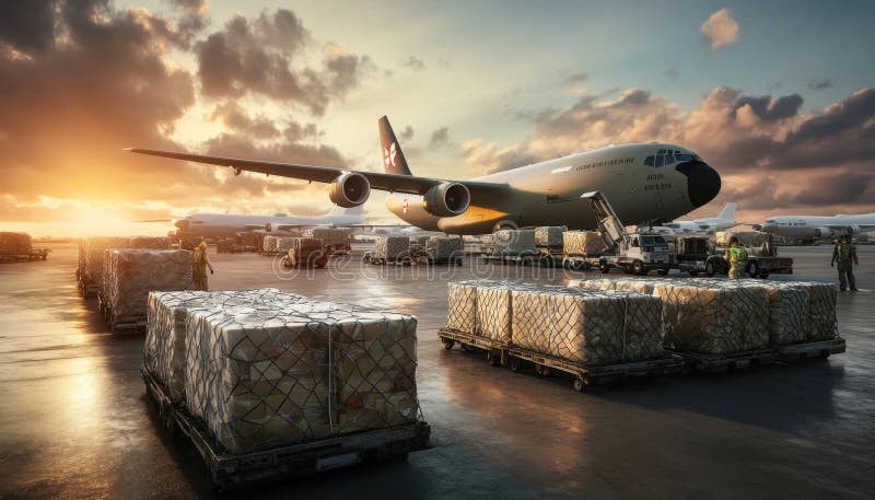 Cargo Airplane at Sunset Unloading Goods at a Busy Airport Terminal ...