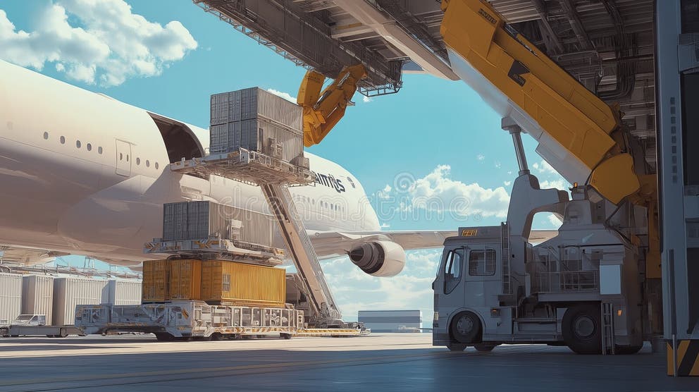 Cargo Airplane Unloading Large Containers with a Robotic Arm at a High ...