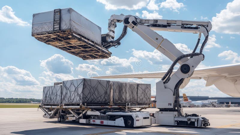 Cargo Airplane Unloading Large Containers with a Robotic Arm at a High-tech Logistics Hub Stock ...