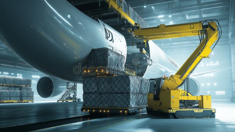 Cargo Airplane Unloading Large Containers with a Robotic Arm at a High ...