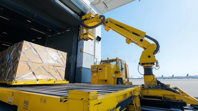 Cargo Airplane Unloading Large Containers with a Robotic Arm at a High ...