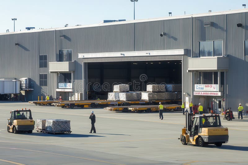 Cargo Being Loaded at an Airport Facility with Workers and Equipment in ...