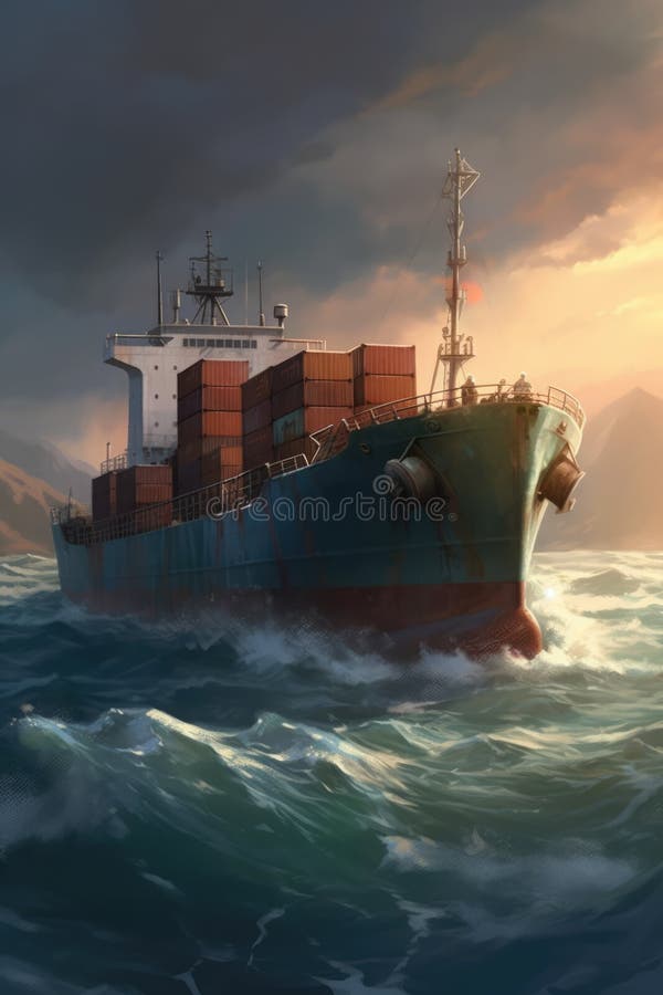 Cargo Boat Loaded with Cargo Boxes Sailing at Rough Sea, Created Using ...