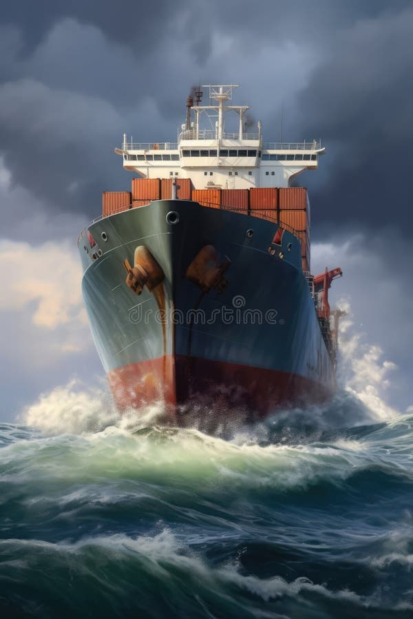 Cargo Boat Loaded with Cargo Boxes Sailing at Rough Sea, Created Using ...