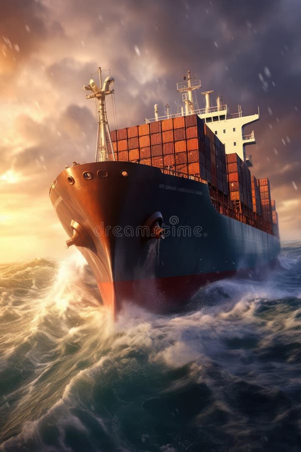 Cargo Boat Loaded with Cargo Boxes Sailing at Rough Sea, Created Using ...