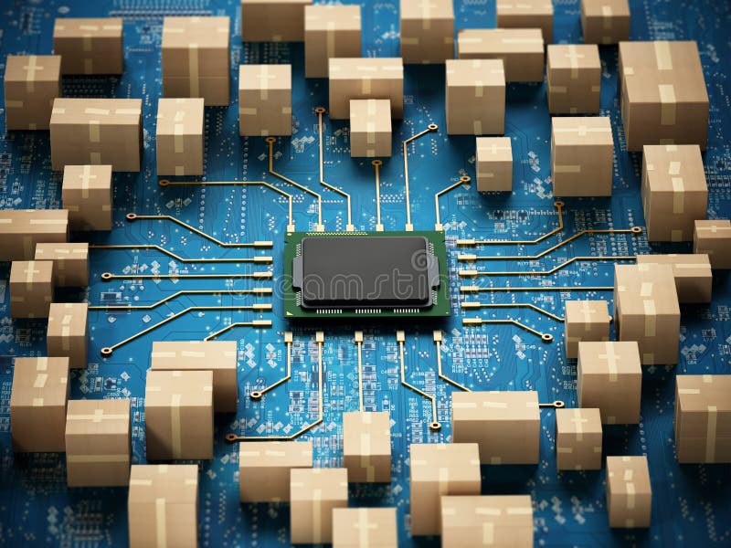 Cargo Boxes Standing Around Mainboard with a CPU in the Center. Cargo ...