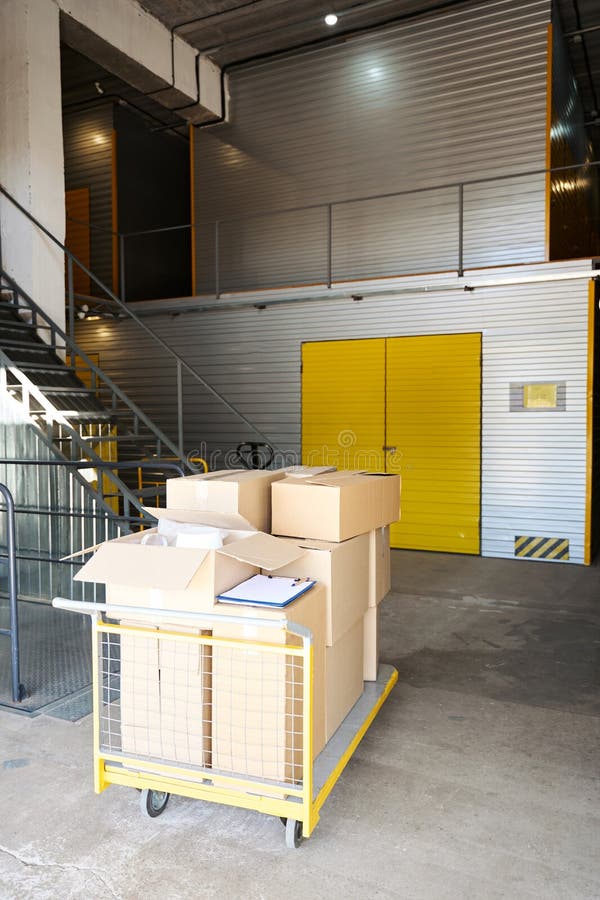 Cargo Cart with Boxes Stands at the Freight Elevator Stock Image ...