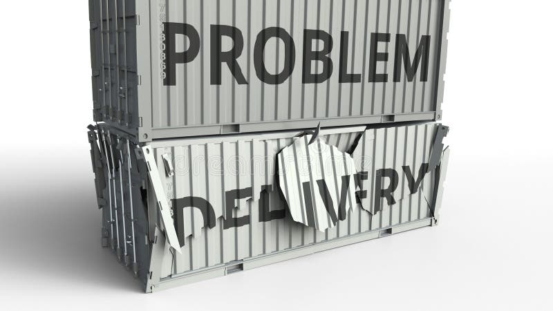Container with DELIVERY Text Being Broken by Cargo Container with ...