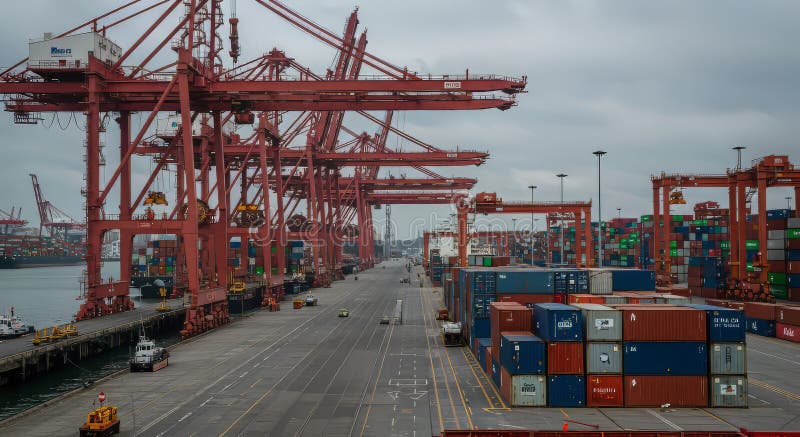 Cargo Container Cranes Loading Shipping Containers at Busy Port ...