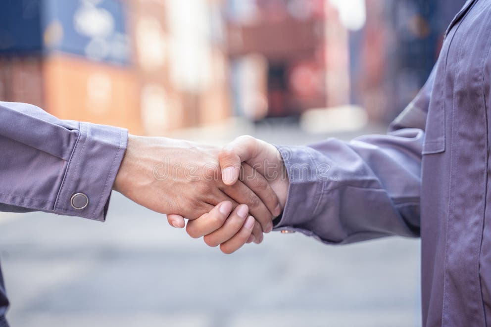 Cargo Container Dock Ship Workers Doing Hands Shake Together on Success ...